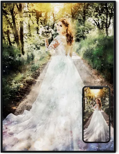 Tablou personalizat cu poza ta Mireasa in stil acuarela cu rama ...