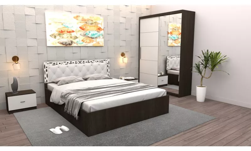 Set Dormitor Maia Wenghe + Alb Pat 160 cm x 200 cm + Noptiere + Dulap cu - cel.ro