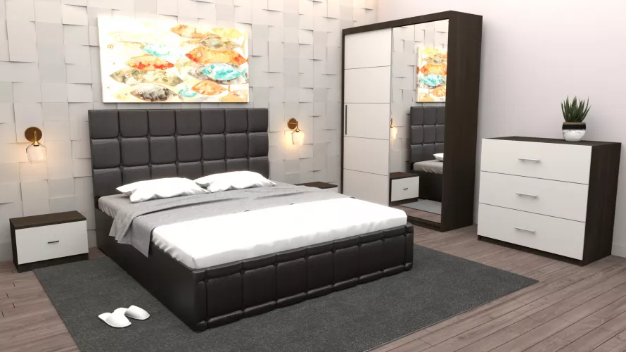 Dormitor Regal cu Pat Tapitat Negru imitatie piele cu dulap usi ...