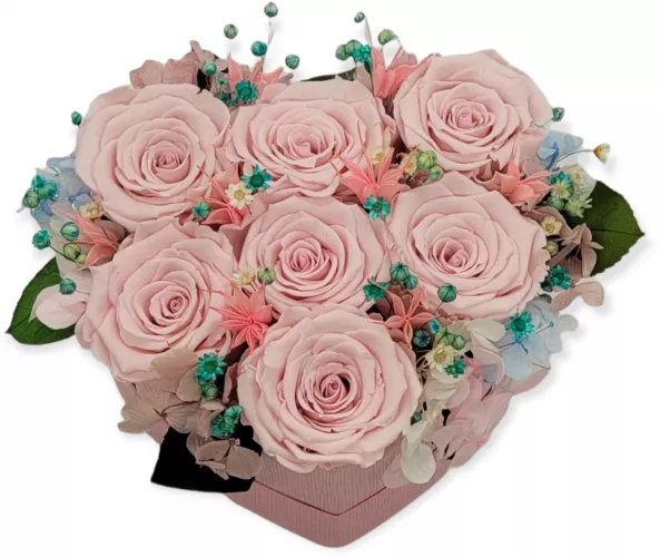 Cutie INIMA roz cu 7 trandafiri criogenati 18cm 115_2233 - cel.ro