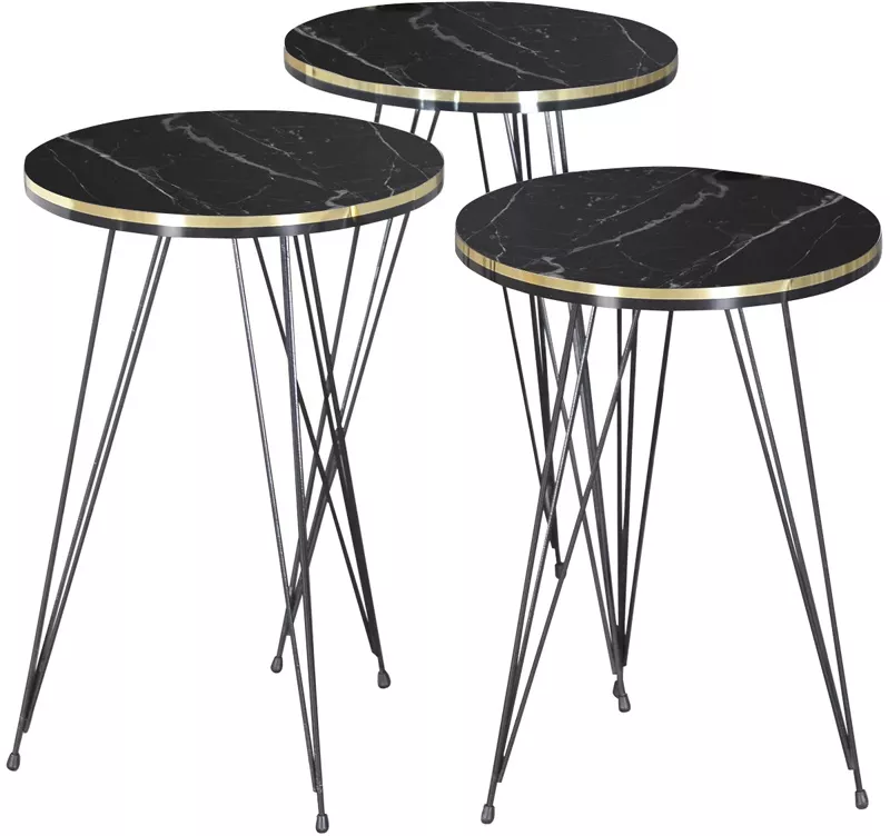 Set 3 masute cafea ZIGON model 1049 cu blat oval negru marmorat cu picior