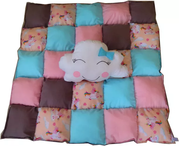 Covoras de joaca pufos cu Pernuta norisor Roz-bleu 120 cm x 120cm x 5 ...