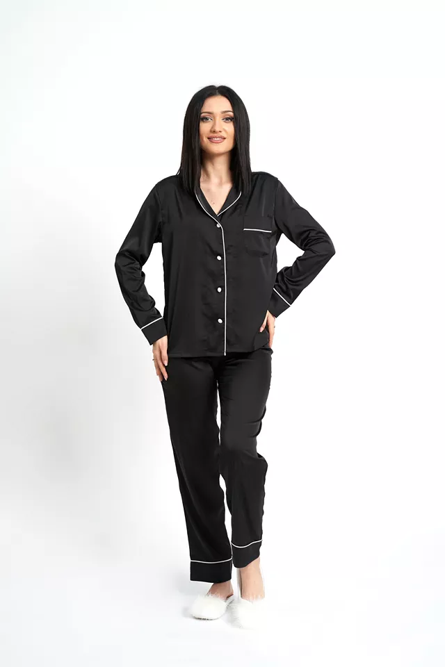 Pijama Divide negru satin de matase L PDP20L - cel.ro