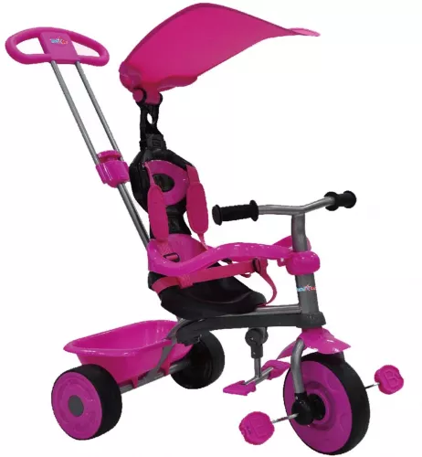 Tricicleta roz cu cadru din otel si plastic dur pentru copii cu maner ...