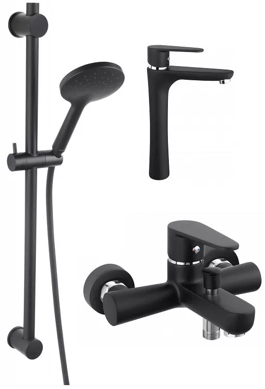 Pachet 3 in 1 Baterie cada/dus Negru baterie inaltat lavoar Algeo Black ...