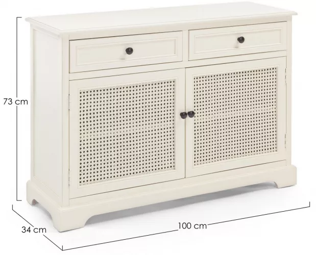 Comoda cu 2 sertare 2 usi din lemn alb si insertii rattan Amabel 100 la ...