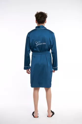 Halat pentru Mire din Satin de Matase Turcoaz cu broderie Groom M ...