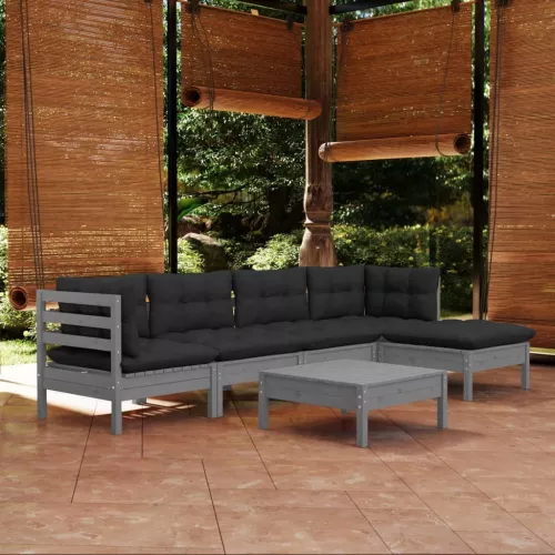 Emaga Set mobilier gradina cu perne 6 piese gri lemn de pin 3097081 ...