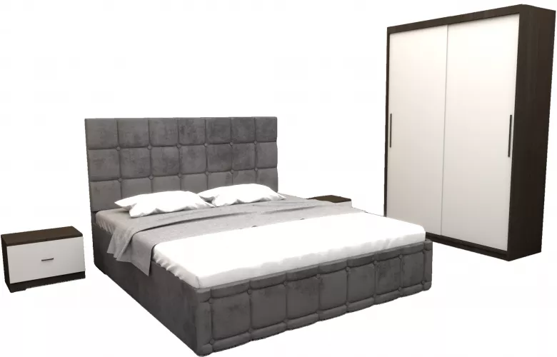 Set Dormitor Regal cu Pat Tapitat Gri stofa 160x200 cm cu dulap usi ...