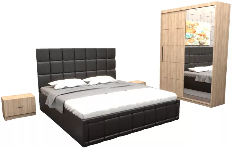Set Dormitor Regal cu Pat Tapitat Negru imitatie piele 160x200 cm cu ...
