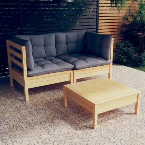 Emaga Set mobilier de gradina cu perne gri 3 piese lemn masiv pin ...