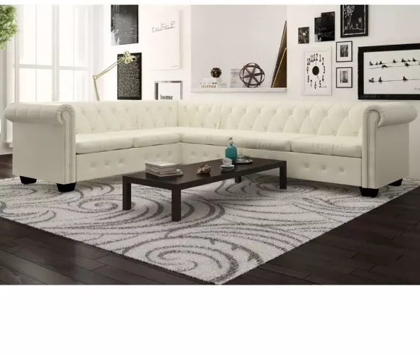 Canapea coltar Chesterfield piele artificiala 6 locuri alb 243616 - cel.ro