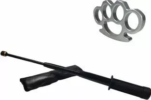 Set baston telescopic flexibil negru maner tip tonfa 47 cm + box ...