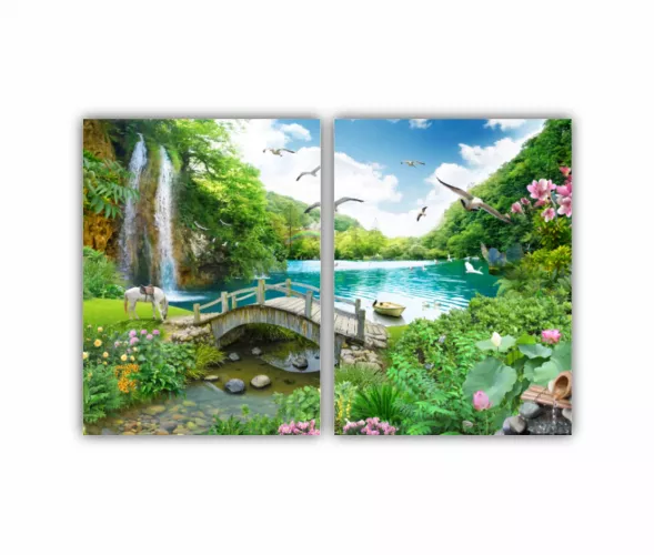 Set 2 Tablouri Multicanvas vedere tropicala cu cascada - lac - pasare ...