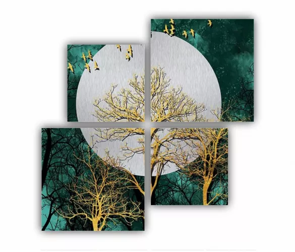Set 4 Tablouri Multicanvas Ilustratie 3D a padurii seara cu cerb auriu 0706