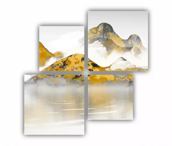 Set 4 Tablouri Multicanvas Pictura de peisaj auriu in stil chinezesc ...