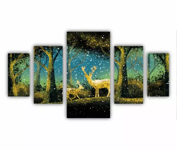 Set 5 Tablouri Multicanvas Ilustratie 3D a copacilor si a caprioarelor 0749