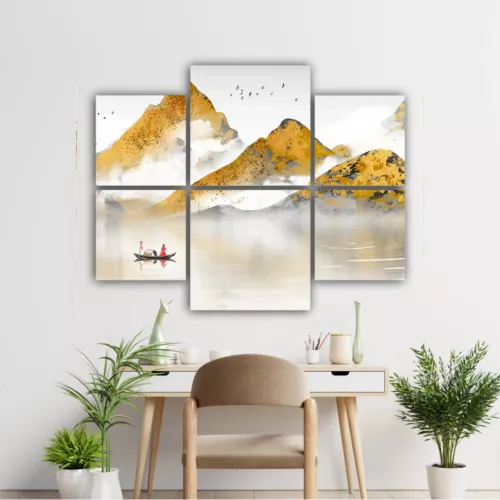 Set 6 Tablouri Multicanvas Pictura de peisaj auriu in stil chinezesc ...