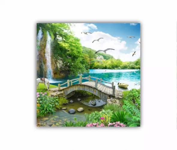 Tablou Canvas 1 piesa vedere tropicala cu cascada - lac - pasare - cal ...