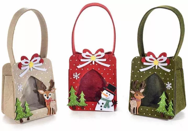 Set 3 gentute din textil crem verde rosu model Craciun 11x8x15/25 cm ...