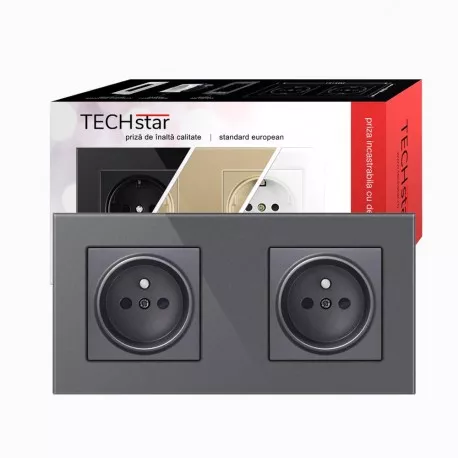 Priza Techstar® Crystal TS2 Dubla Sticla Securizata Culoare Gri Metal 16A