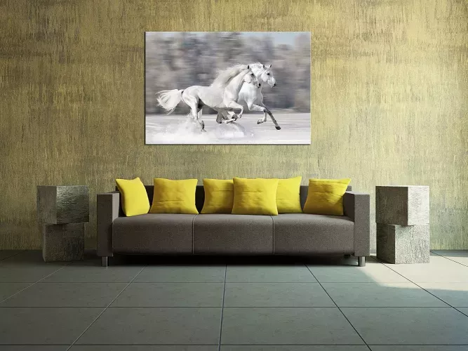 Tablou DualView Startonight Doi cai albi in galop luminos in intuneric ...