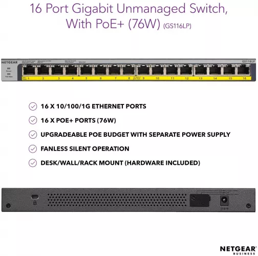 Switch NetGear ProSAFE GS116LP 16 x 10/100/1000 Mbps Gigabit Ethernet ...