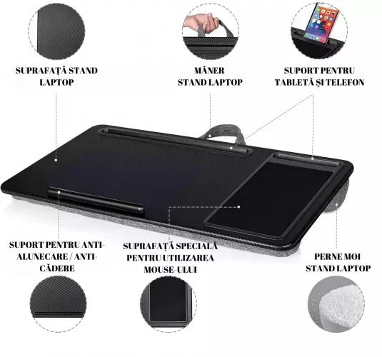 Stand Laptop cu Suport Tableta si Telefon Incorporat Portabil cu Perna ...