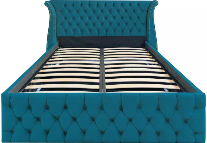 Pat dublu tapitat model Alabama 140/200 cm culoare turcoaz cu somiera ...