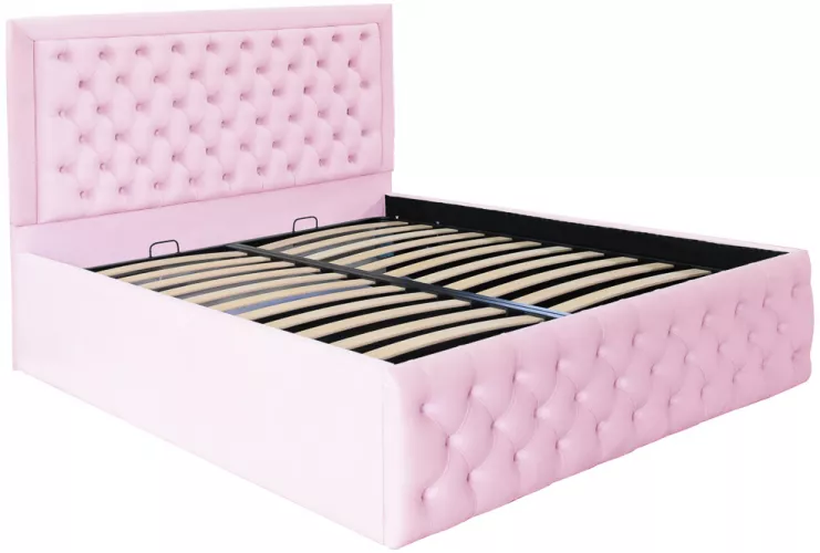 Pat dublu tapitat model Louisiana 120/200 cm culoare roz cu somiera ...