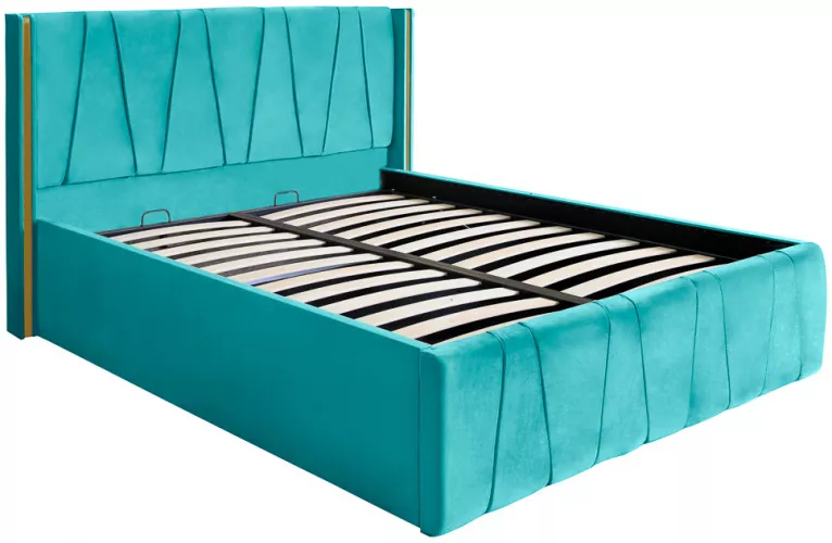 Pat dublu tapitat model Montana 140/200 culoare turcoaz cu somiera ...