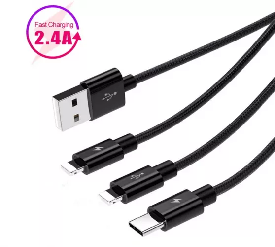 Cablu telefon 3 in 1 cu diferite capete de incarcare 1.2m-3A Negru - cel.ro