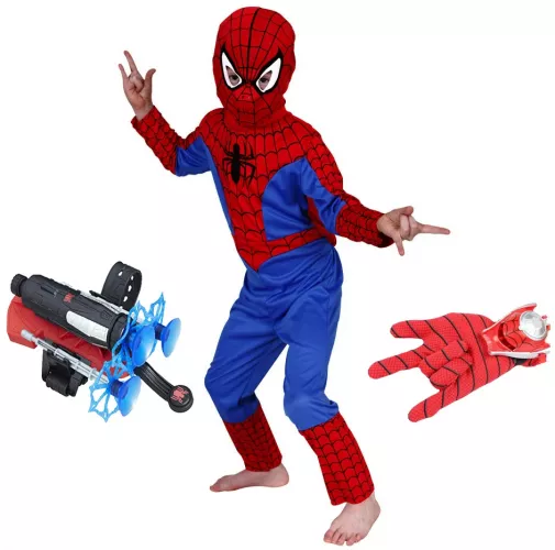 Set costum Spiderman L 120-130 cm lansator cu ventuze si manusa cu discuri - cel.ro
