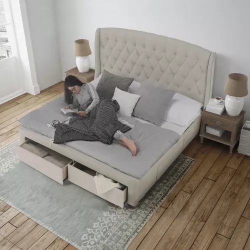 Pat cu spatiu de depozitare material textil crem 180x200 AKANA la CEL.ro