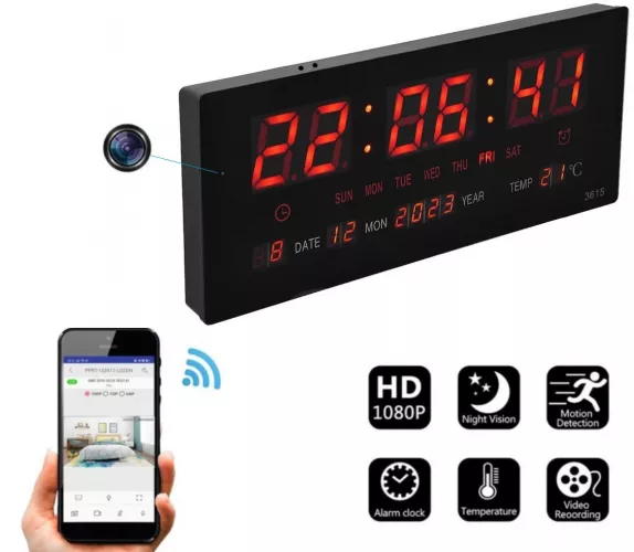 Ceas perete LED cu Camera Ascunsa Full HD WiFi P2P IP AVC Night Vision ...