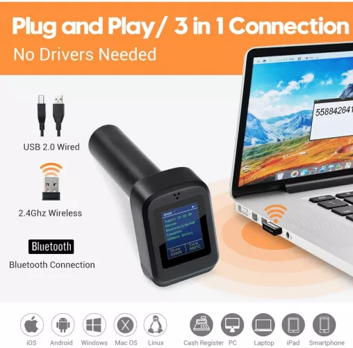 Cititor coduri de bare scanner wireless 1D 2D QR cu statie de incarcare ...