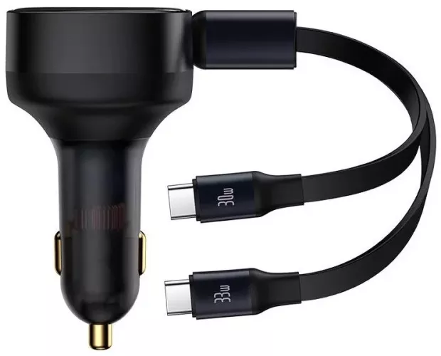 Incarcator auto Baseus Enjoyment 33W cu cablu retractabil 2xUSB-C Negru ...