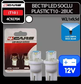 Bec tip LED 12V 5W soclu plastic T10 W2 1X9 5d 2buc 4Cars - Alb ...