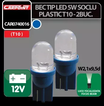 Bec tip LED 12V 5W soclu plastic T10 W2 1X9 5d 2buc Carpoint - Albastru ...