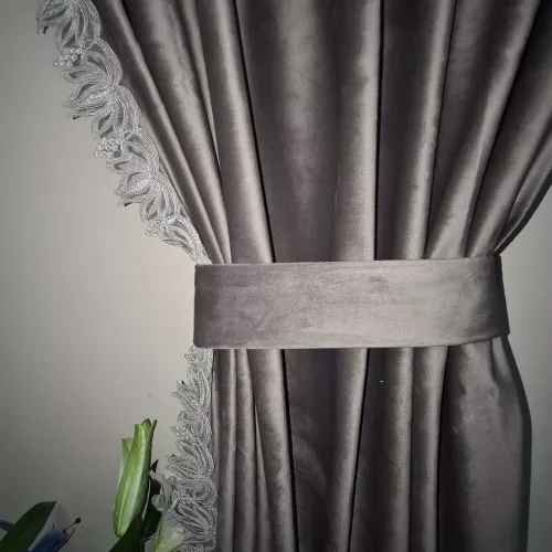 Set Draperii Catifea Gri cu Dantela - cel.ro