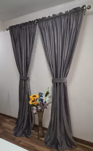 Set Draperii Catifea Gri cu Dantela - cel.ro