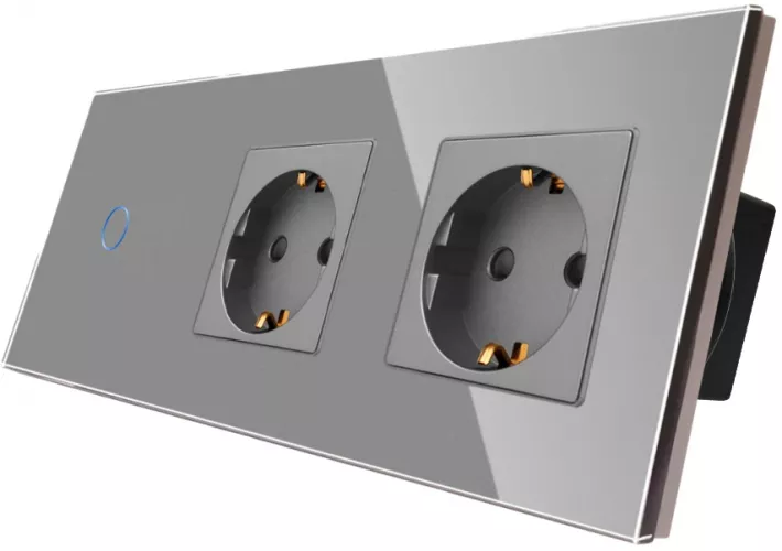Intrerupator Simplu si 2 Prize cu Rama din Sticla LUXION Gri LX-ST-101 ...