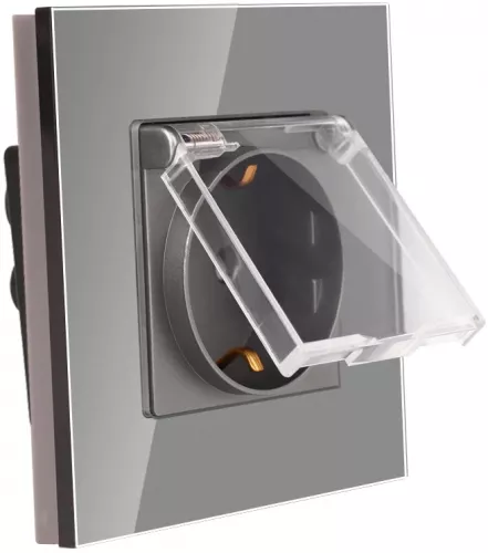 Priza Simpla cu Capac de Protectie cu Rama din Sticla Luxion Gri