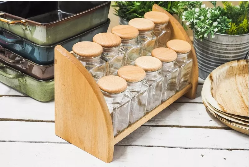 Set recipiente depozitare condimente pe suport din lemn 10 piese ...