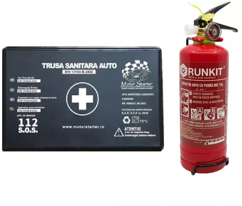 Kit siguranta rutiera omologat Trusa medicala auto prim ajutor + Stingator auto - cel.ro