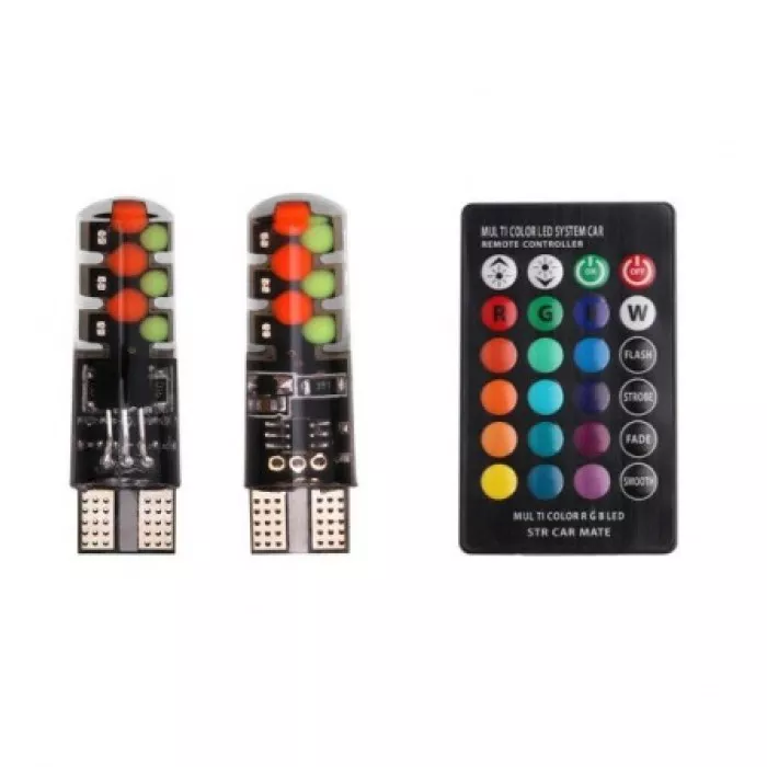 Set 2 x becuri auto colorate pozitie T10 telecomanda 12V 6LED auto557.