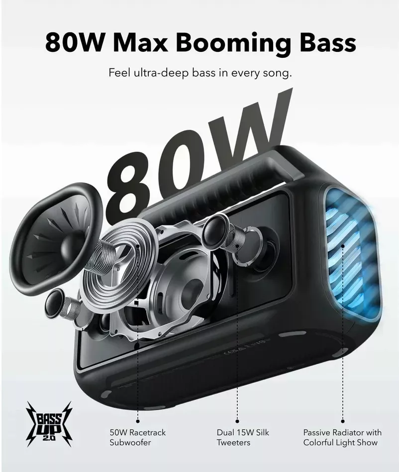 Boxa portabila Anker Soundcore Boom 2 80W BassUp 2.0 IPX7 Lumini RGB ...