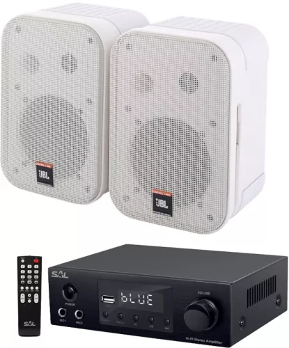 Sistem 2 boxe JBL Control 1 Pro alb cu amplificator Bluetooth USB FM