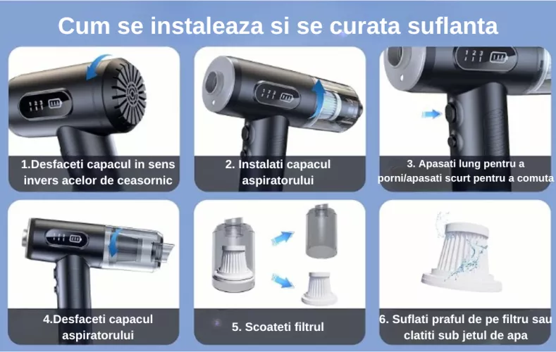 Suflanta aer si aspirator 3 in 1 fara fir indepartare praf aspirare ...