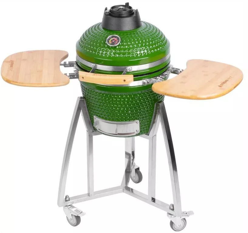 Gratar gradina cu carbuni grill rotund ceramic cu roti capac rafturi ...